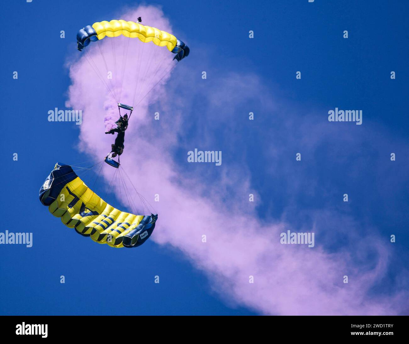 The U.S. Navy parachute demonstration team, the Leap Frogs, perform a ...