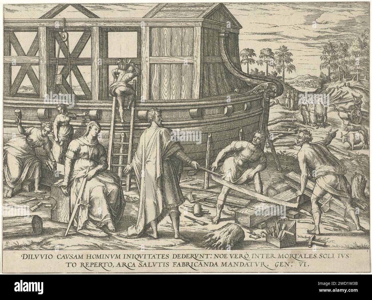 Noah builds the Ark, Symon Novelanus (attributed to), 1577 - 1627 print Under the watchful eye ...