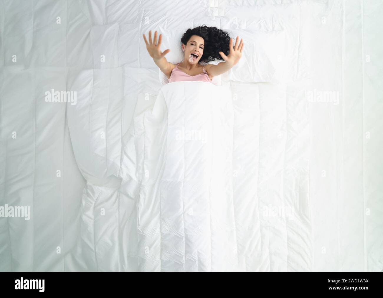 Pretty Woman Laying On White Bedding Wake Up Well Rested In Morning