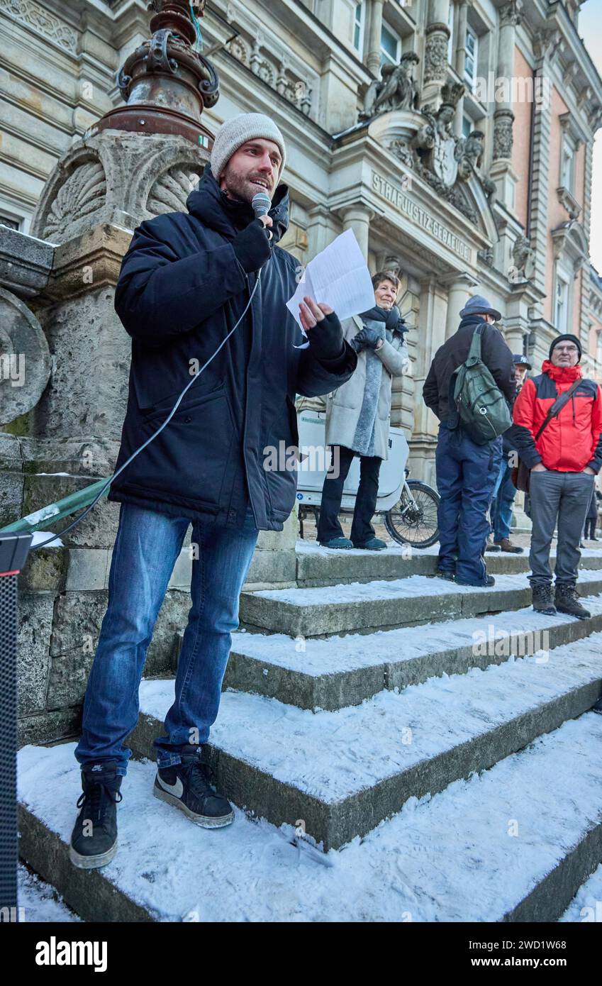 18 January 2024, Hamburg: Nils Jansen, defendant, speaks at a rally ...