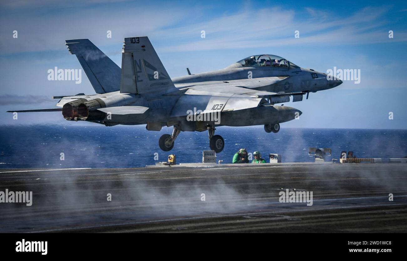 An F/A-18F Super Hornet launches from the flight deck of USS Carl Vinson Stock Photo - Alamy