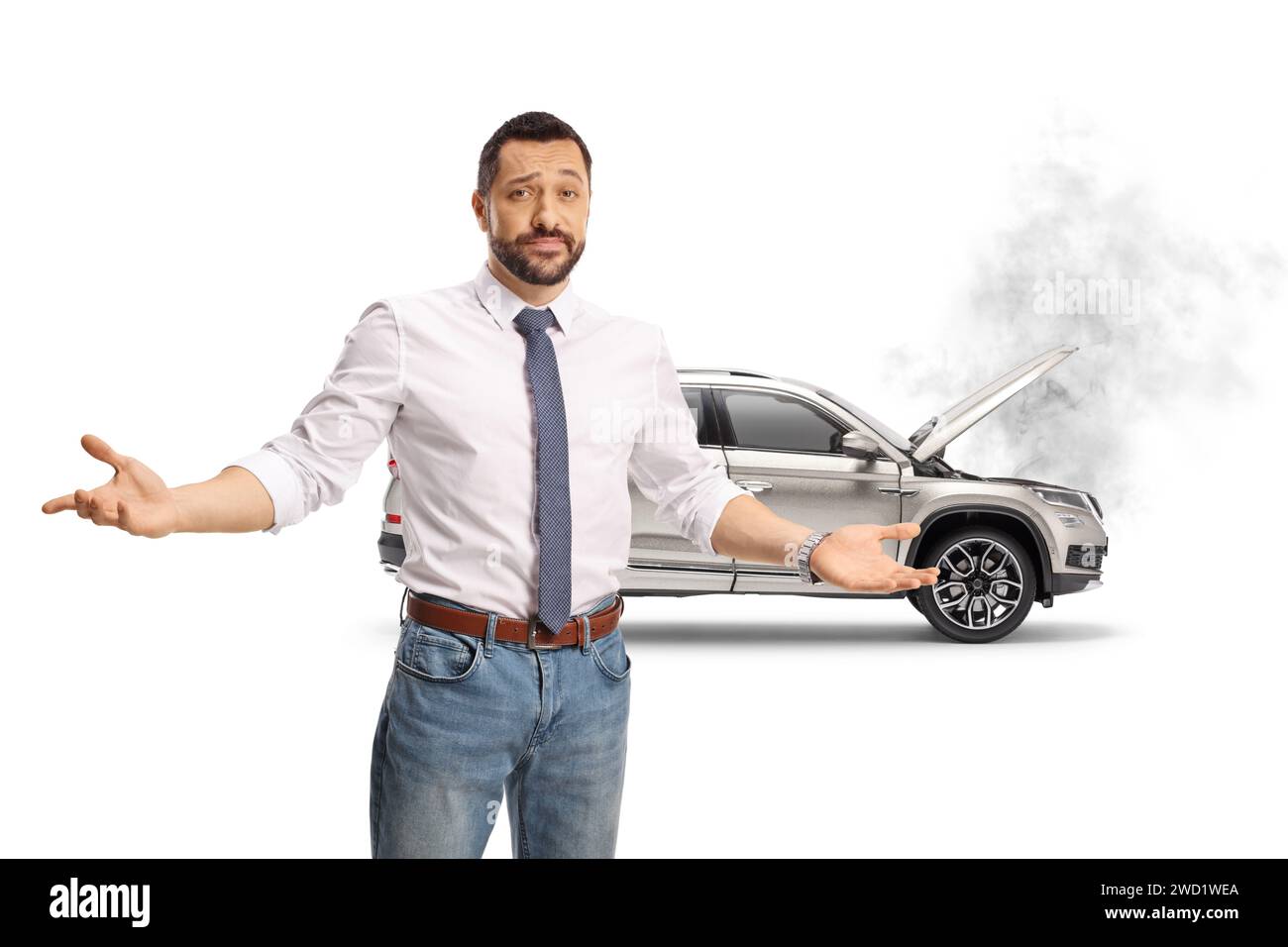 Driver with a car problem standing in front of a SUV with an open hood ...