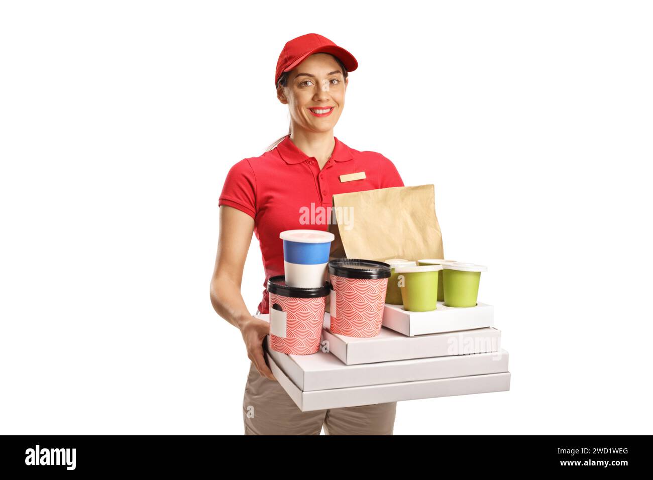 Food delivery woman holding takeaway food boxes isolated on white ...