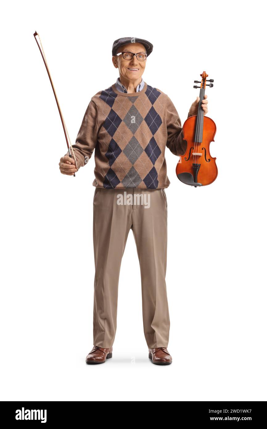 Full length portrait of happy senior man holding a violin and a fiddle ...