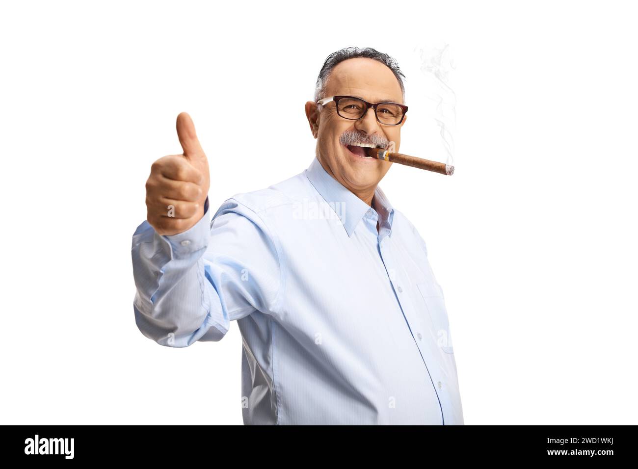 Mature man smoking a cigar and gesturing thumbs up isolated on white background Stock Photo - Alamy