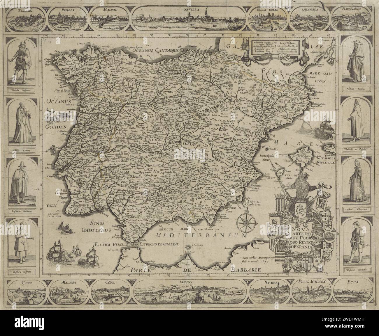Map of Spain and Portugal, Pieter Verbiest (II), 1649 print Map of ...