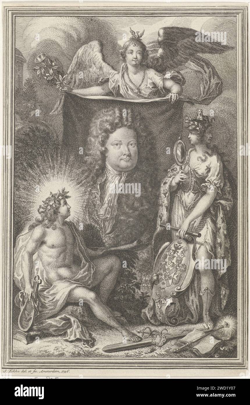 Portrait of a man's bust surrounded by allegorical figures, Simon Fokke ...