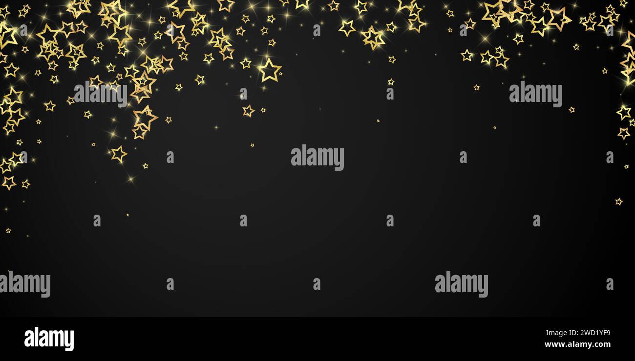Gold sparkling star confetti. Chaotic dreamy childish overlay template. Festive stars vector ...