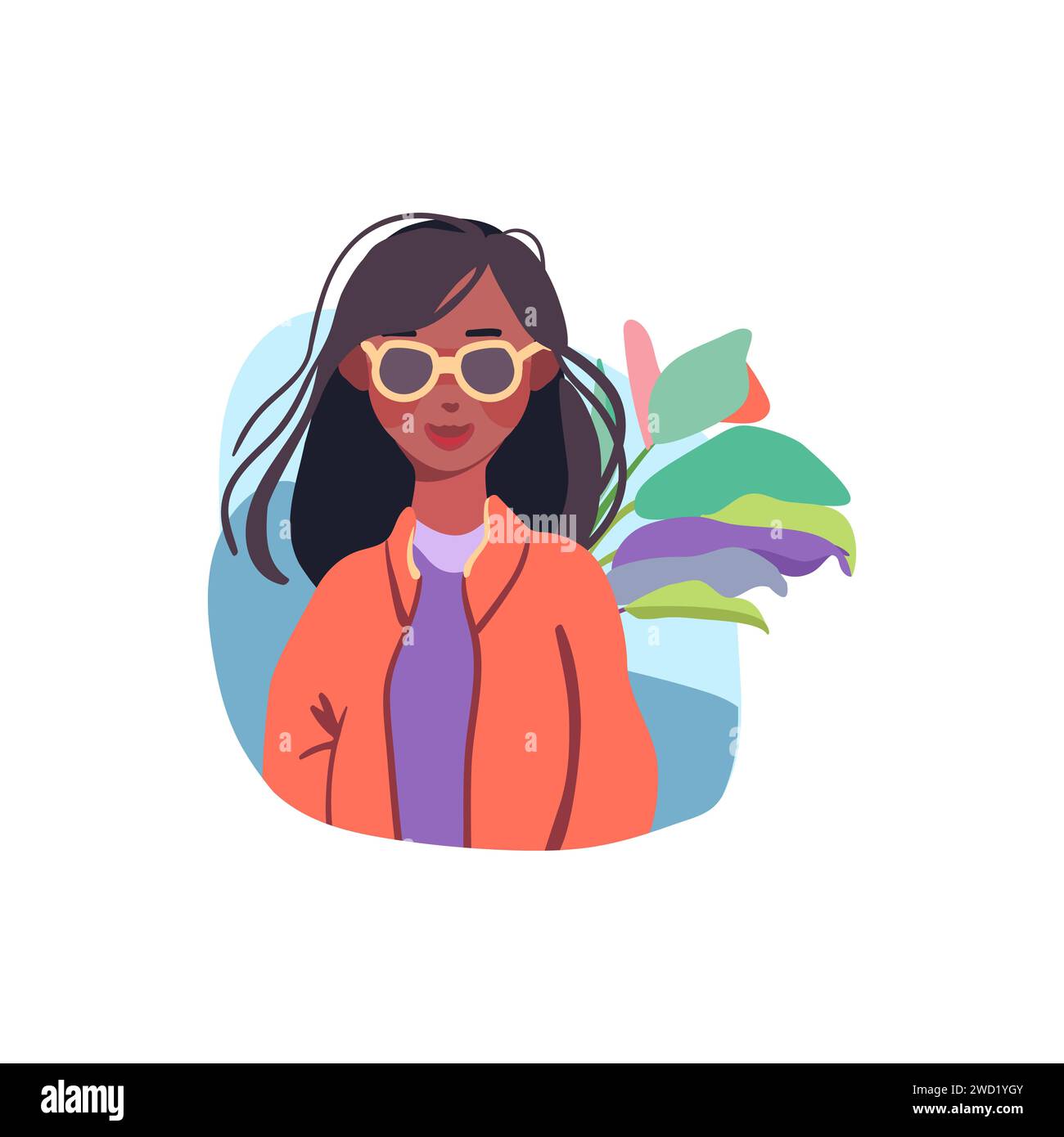 Round avatar of a realistic girl in glasses with long hair. Woman in a ...