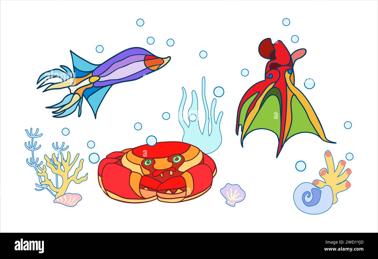 Sea animals. Hermit crab, cuttlefish and squid on a background of algae ...