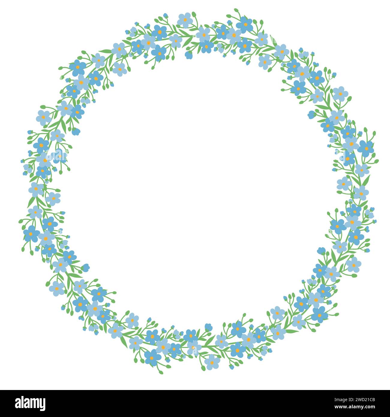 Wreath of tiny stylized blue flowers forget-me-nots on white background ...