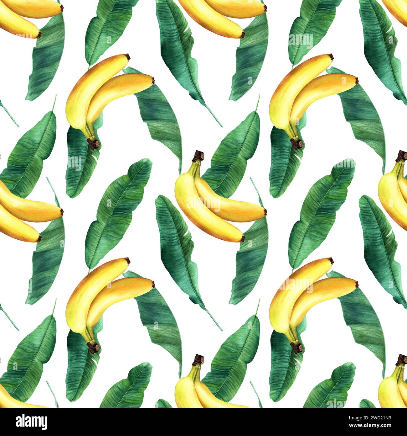 Watercolor seamless pattern with banana tree leaves and yellow fruit ...