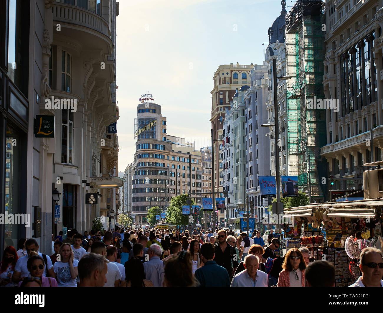 Throng or crowd of people on the Gran Via in the Spanish Capital city ...