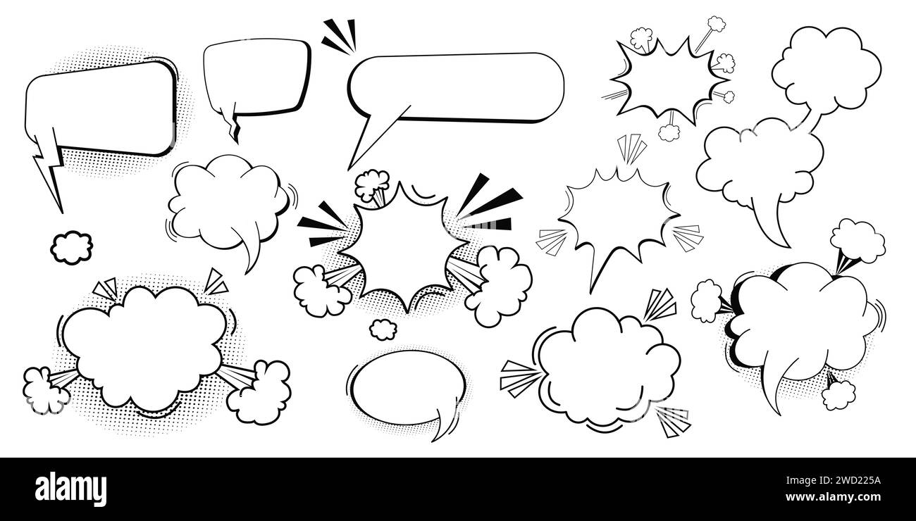 Set pow bubble speech comic expression frame cartoon doodle isolated on ...