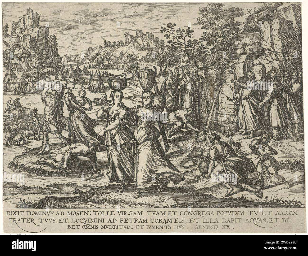 Moses hits water from the rock, Symon Novelanus (attributed to), 1577 - 1627 print Moses has hit ...