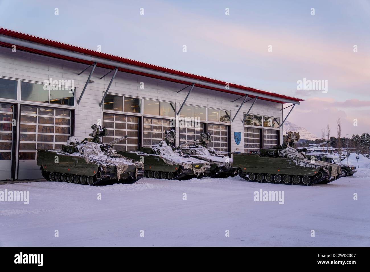 Skjold 20240117.Military vehicles at Skjold camp in Indre Troms. Photo ...