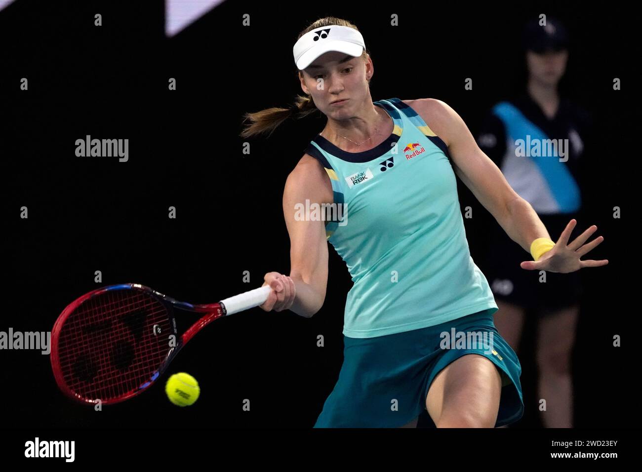 Elena Rybakina of Kazakhstan plays a forehand return to Anna Blinkova ...
