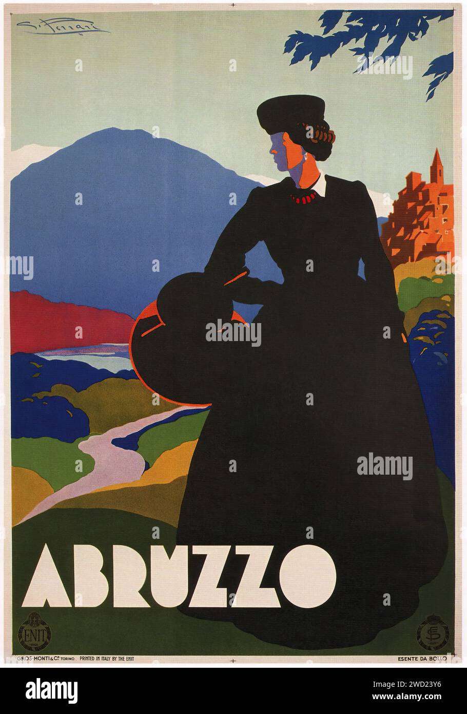 "ABRUZZO" A stylish travel poster from the 1930s with a silhouette of a ...
