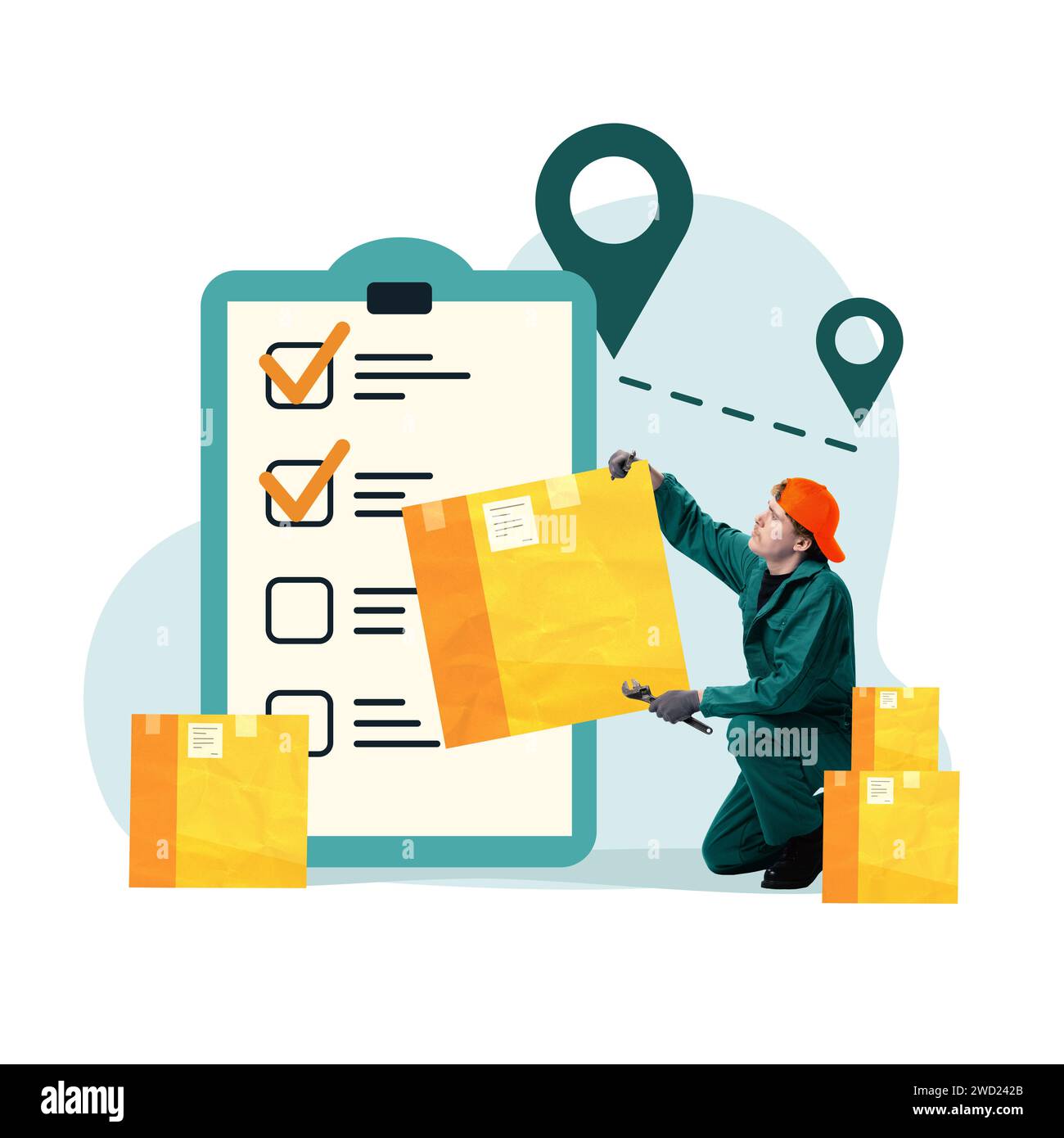 Contemporary art collage. Delivery personnel checking package against ...