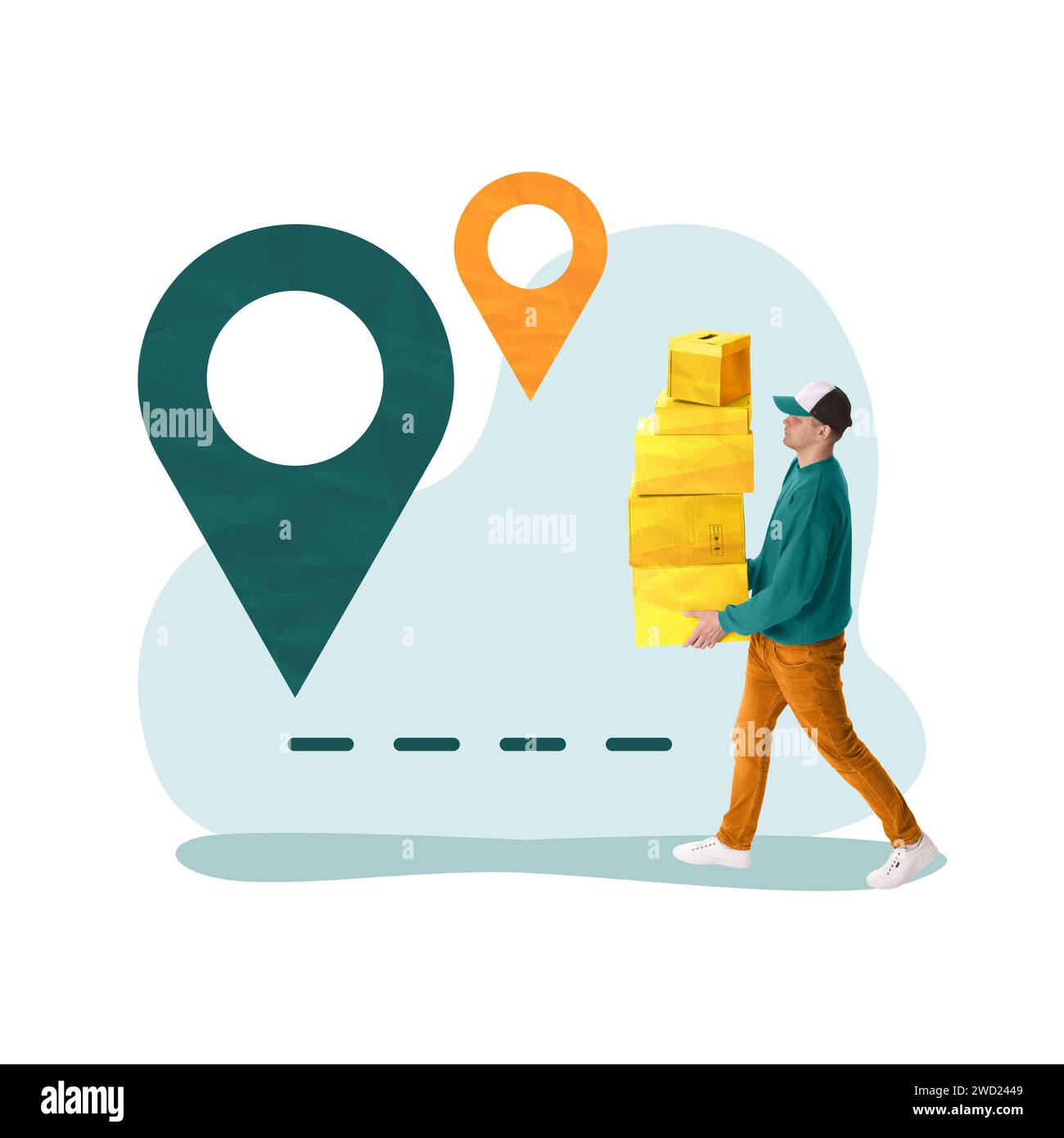 Contemporary art collage. Courier in cap carrying tall stack of parcels ...