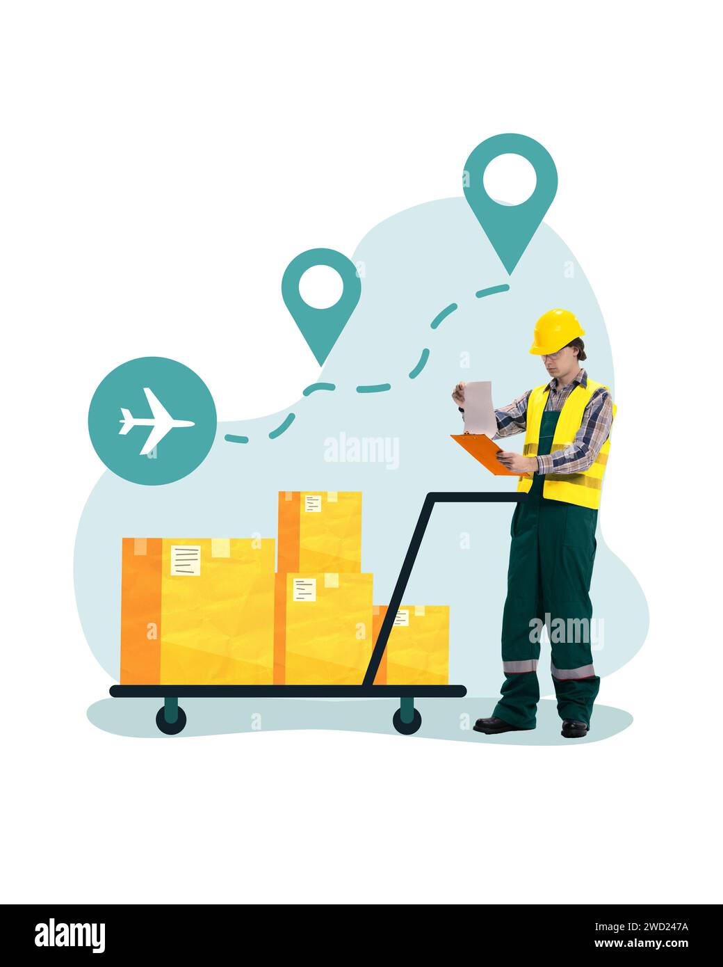 Contemporary art collage. Logistics worker with clipboard in front of ...