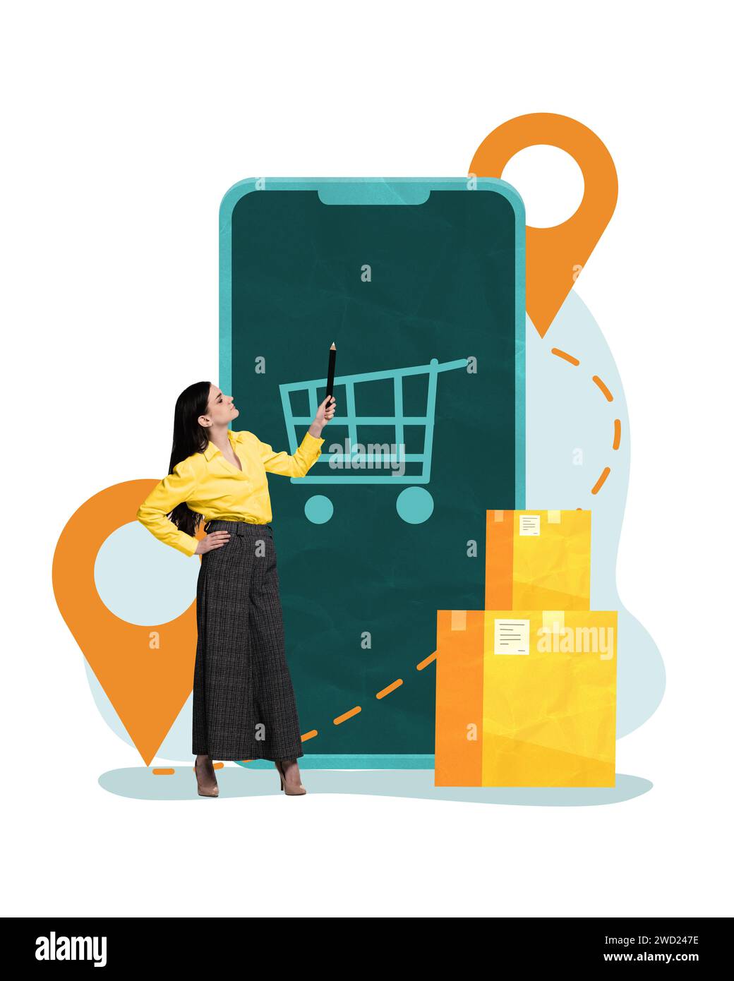 Contemporary art collage. Woman pointing at shopping cart icon on large ...