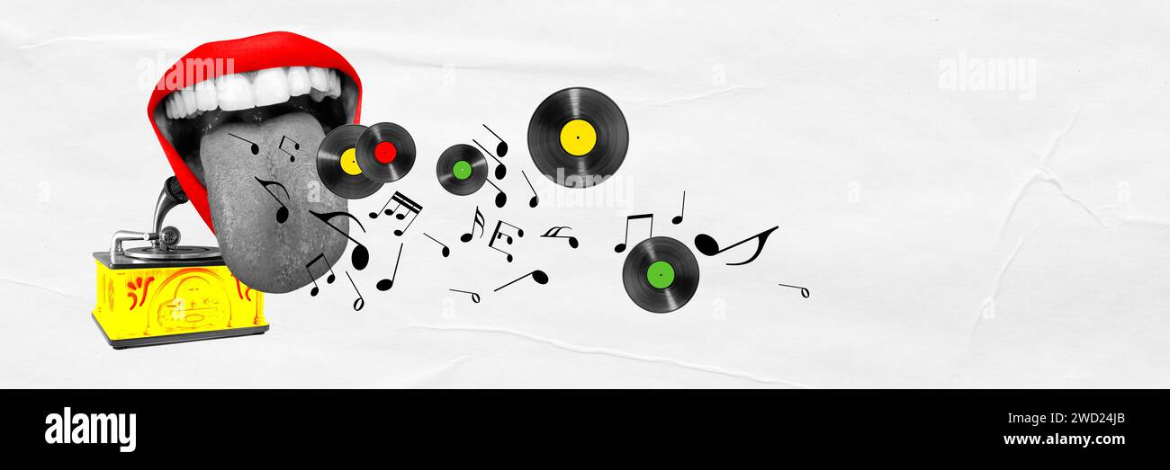 Retro music festival banner. Open female mouth expressing excitement ... Retro music festival banner. Open female mouth expressing excitement ...