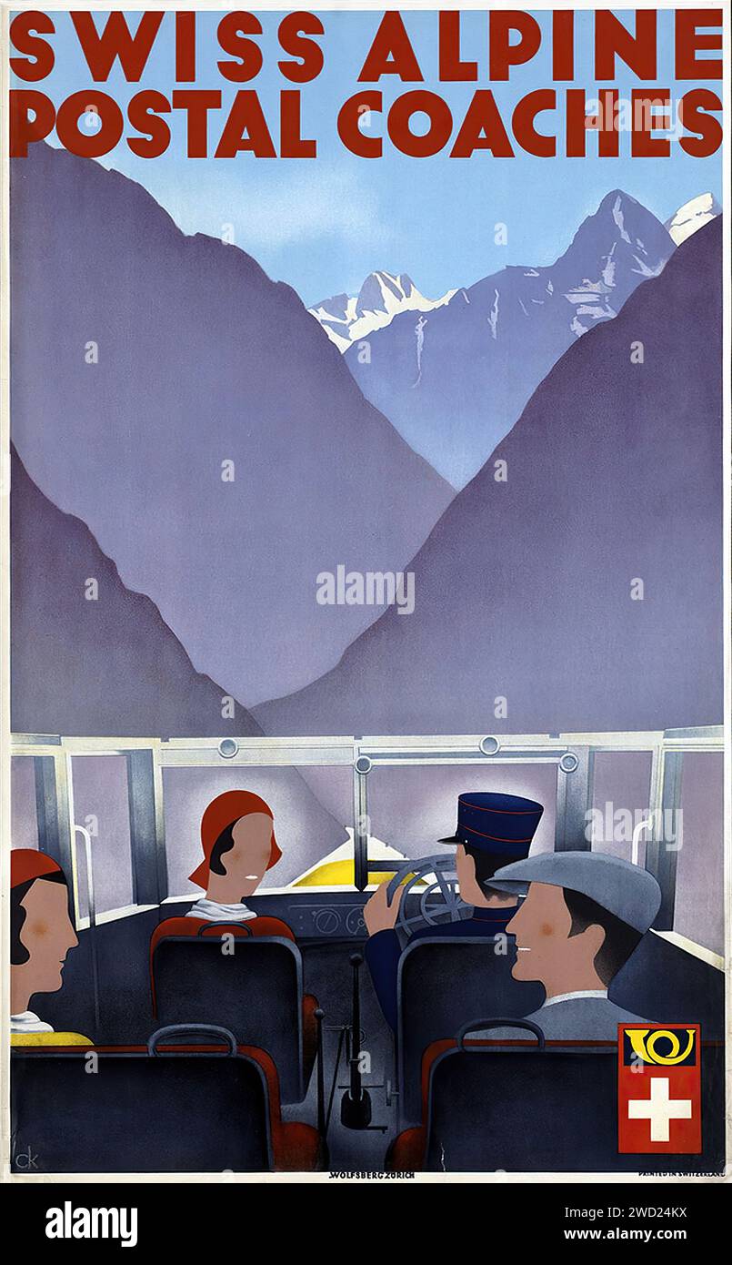"SWISS ALPINE POSTAL COACHES" A vintage travel poster showing ...