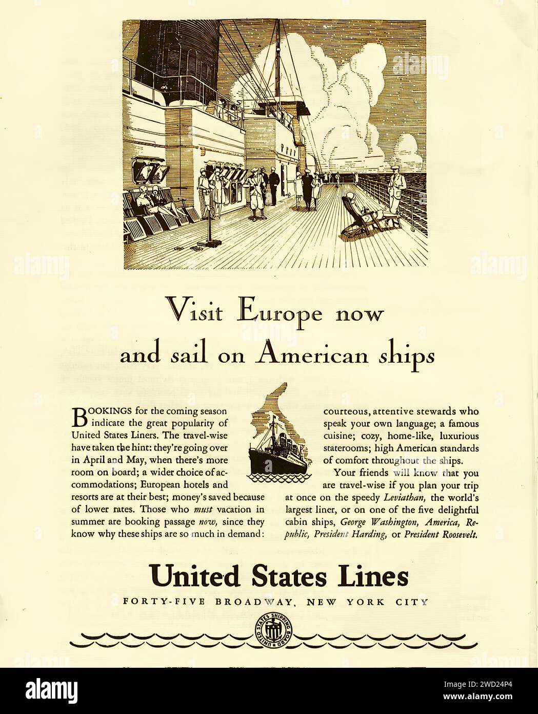"United States Lines ad, 1930s" "Visit Europe now and sail on American ...
