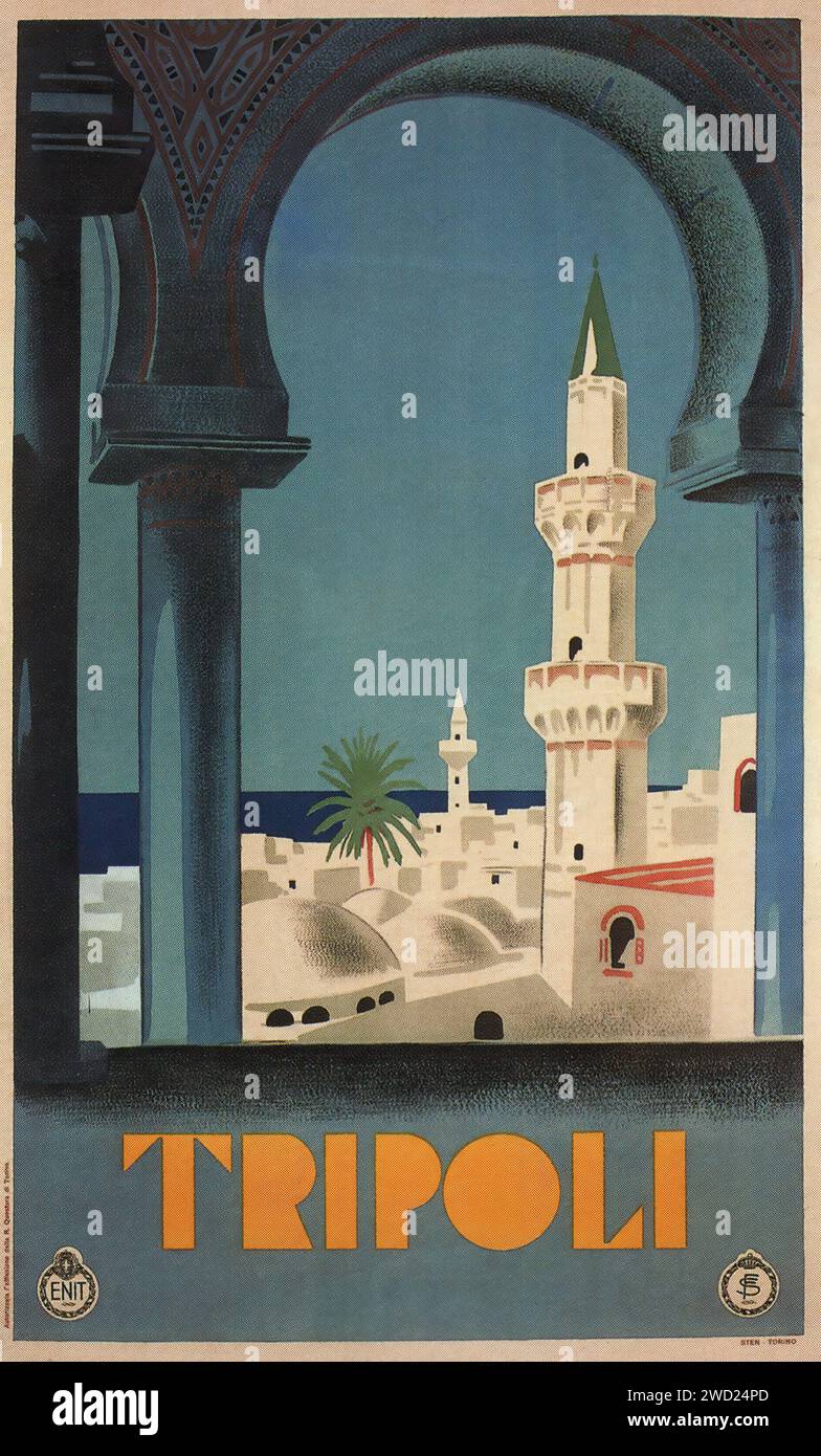 "TRIPOLI" This is a travel poster for Tripoli, showing a view through ...