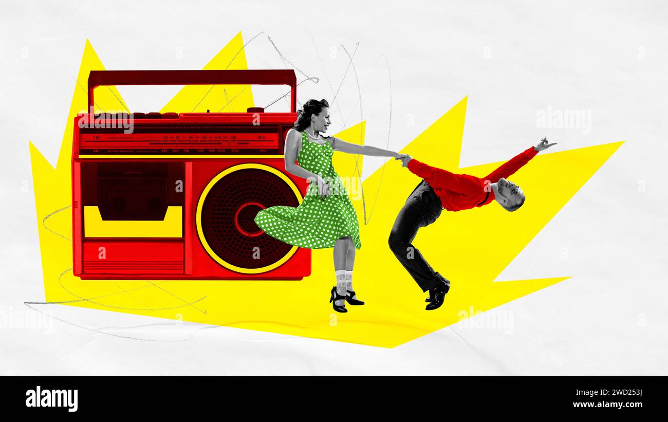 Stylish artistic young man and woman in retro clothes listening to loud ...