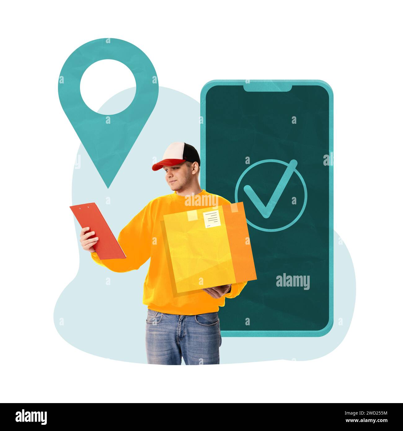 Contemporary art collage. Man, courier in cap holding parcel and ...