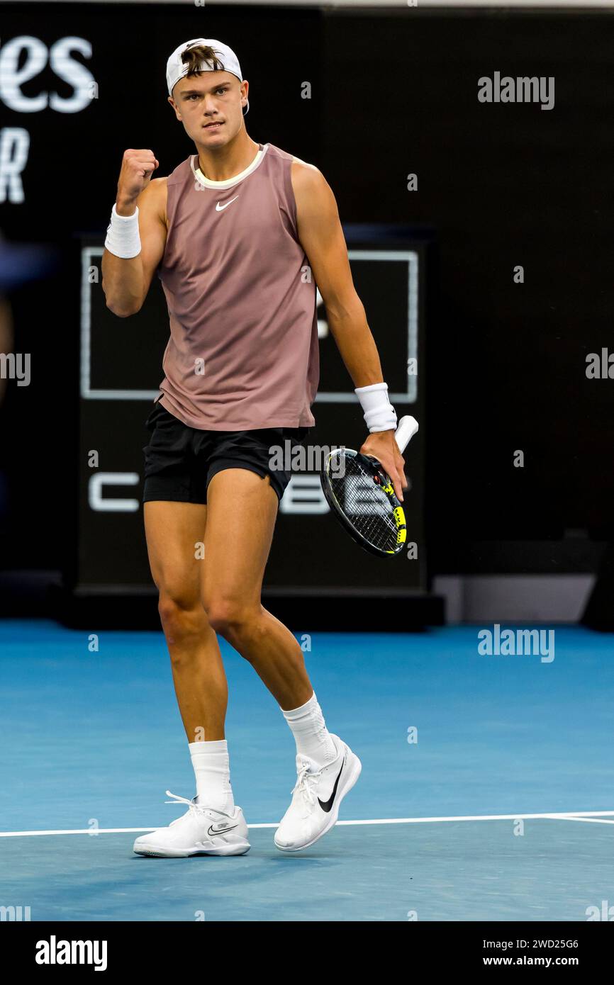 MELBOURNE, VIC - JANUARY 18: Holger Rune of Denmark celebrates during ...