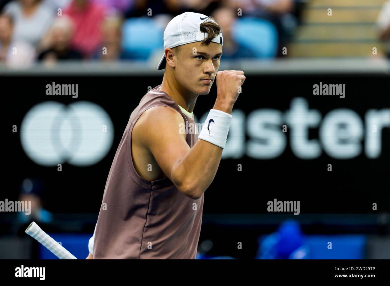 MELBOURNE, VIC - JANUARY 18: Holger Rune of Denmark celebrates during ...