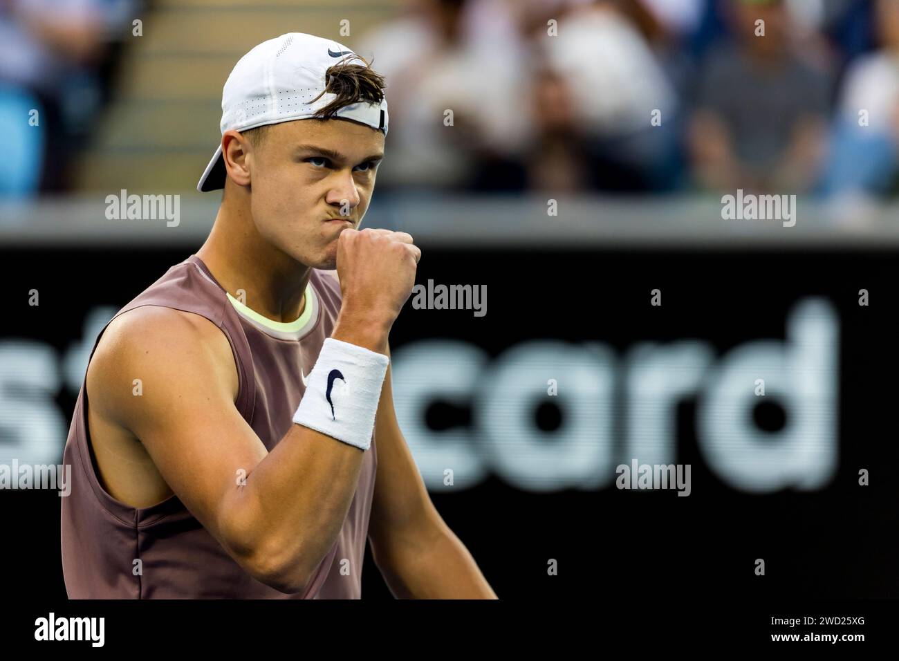 MELBOURNE, VIC - JANUARY 18: Holger Rune of Denmark celebrates during ...