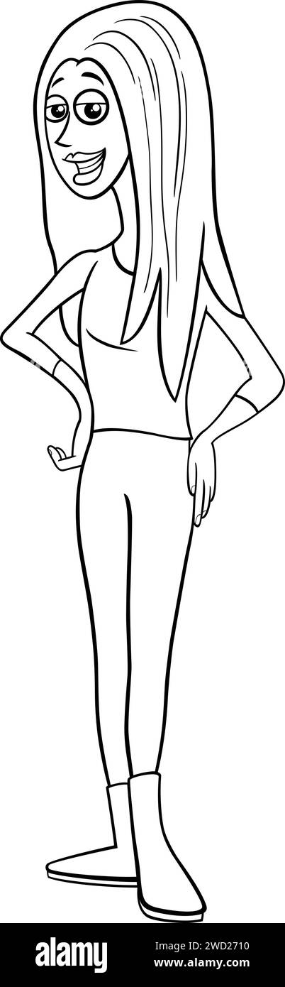 Cartoon illustration of funny girl or young woman character coloring ...