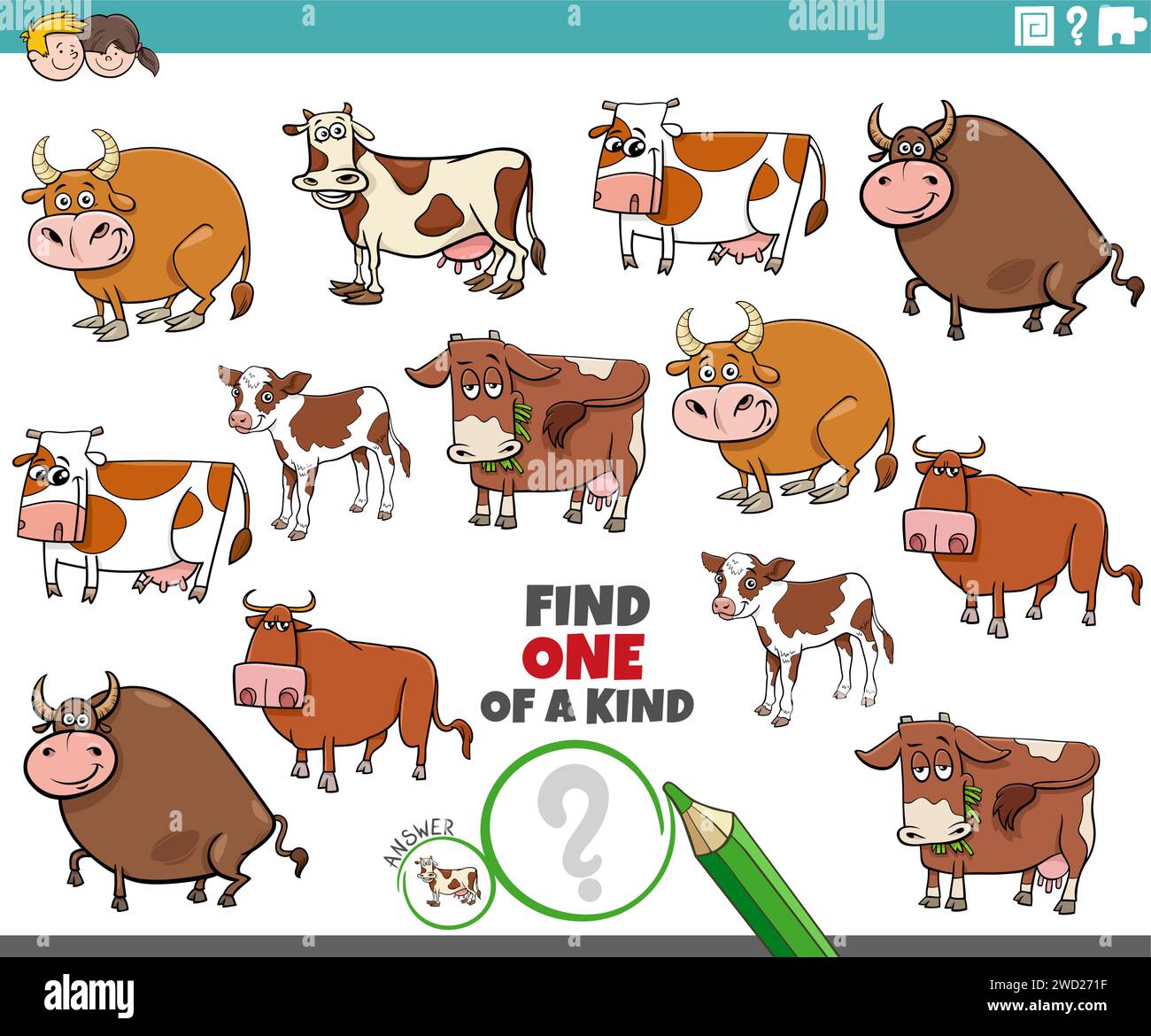 Cartoon illustration of find one of a kind picture educational activity ...