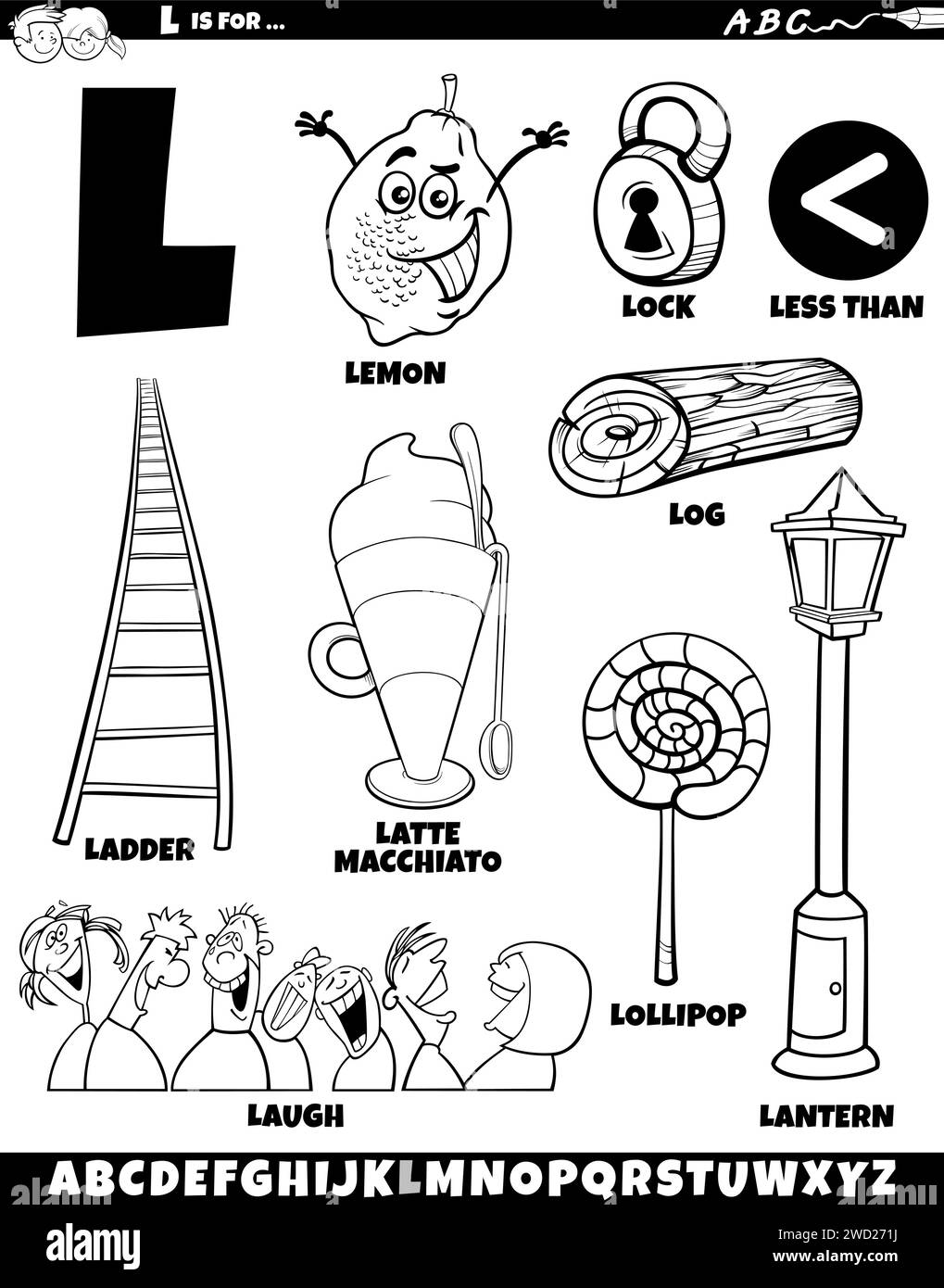 Cartoon illustration of objects and characters set for letter L ...