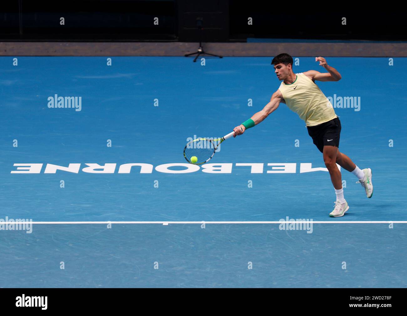 Melbourne, Australia. 18th Jan, 2024. Carlos Alcaraz of Spain hits a return during the men's ...
