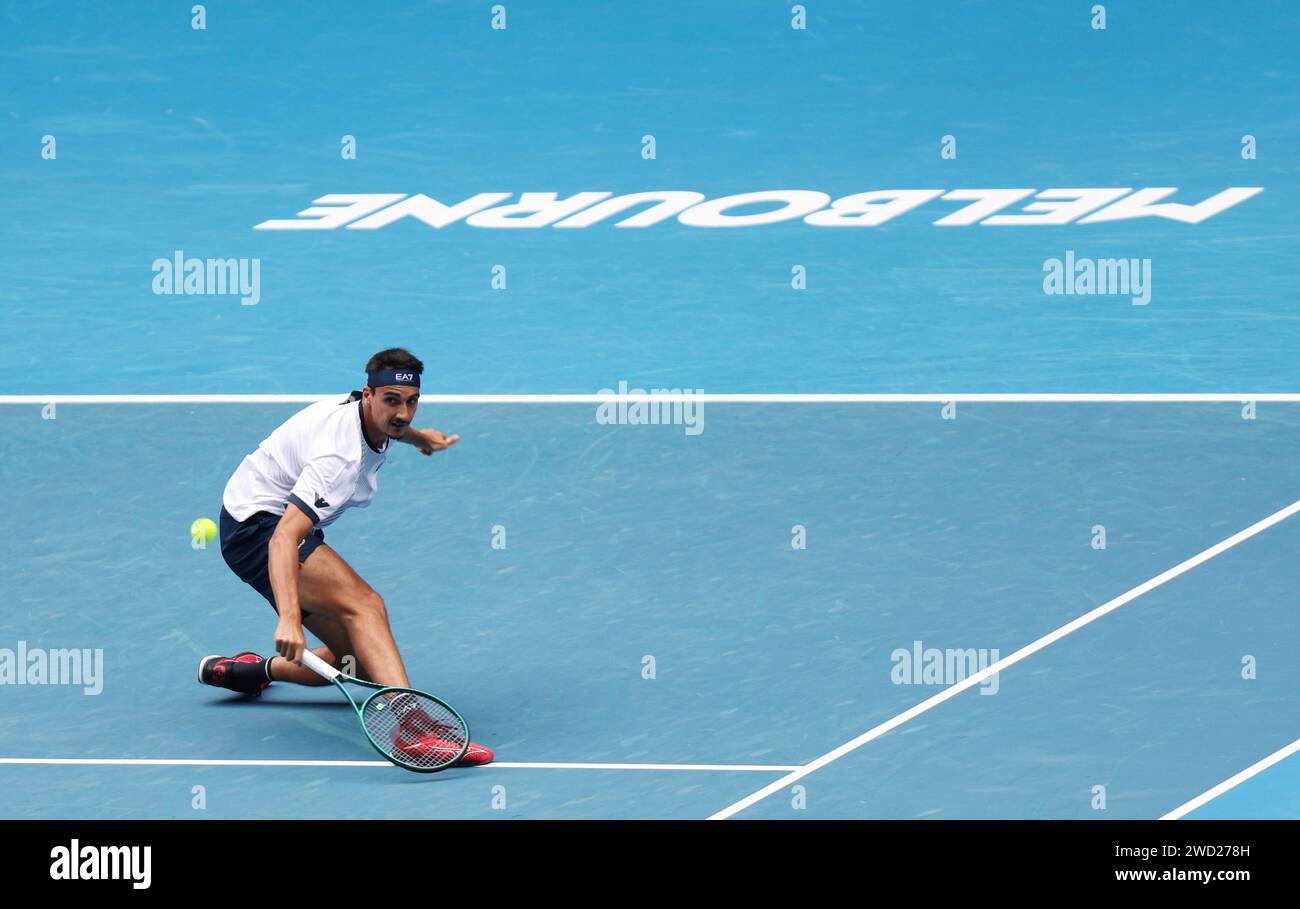 Melbourne, Australia. 18th Jan, 2024. Lorenzo Sonego of Italy hits a return during the men's ...