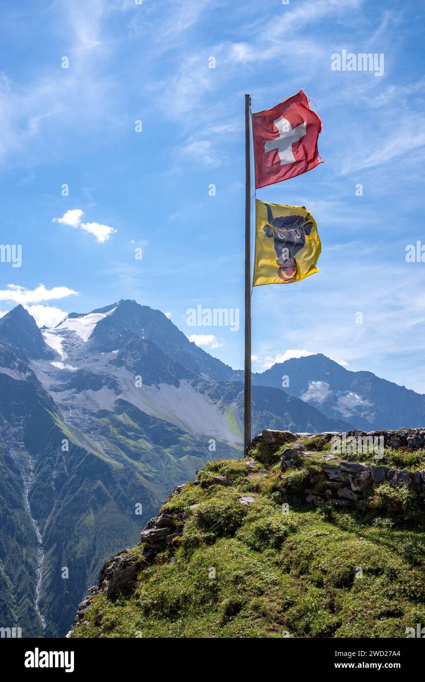 Swiss flag an flag of canton uri waving in the wind at a mountain hut ...