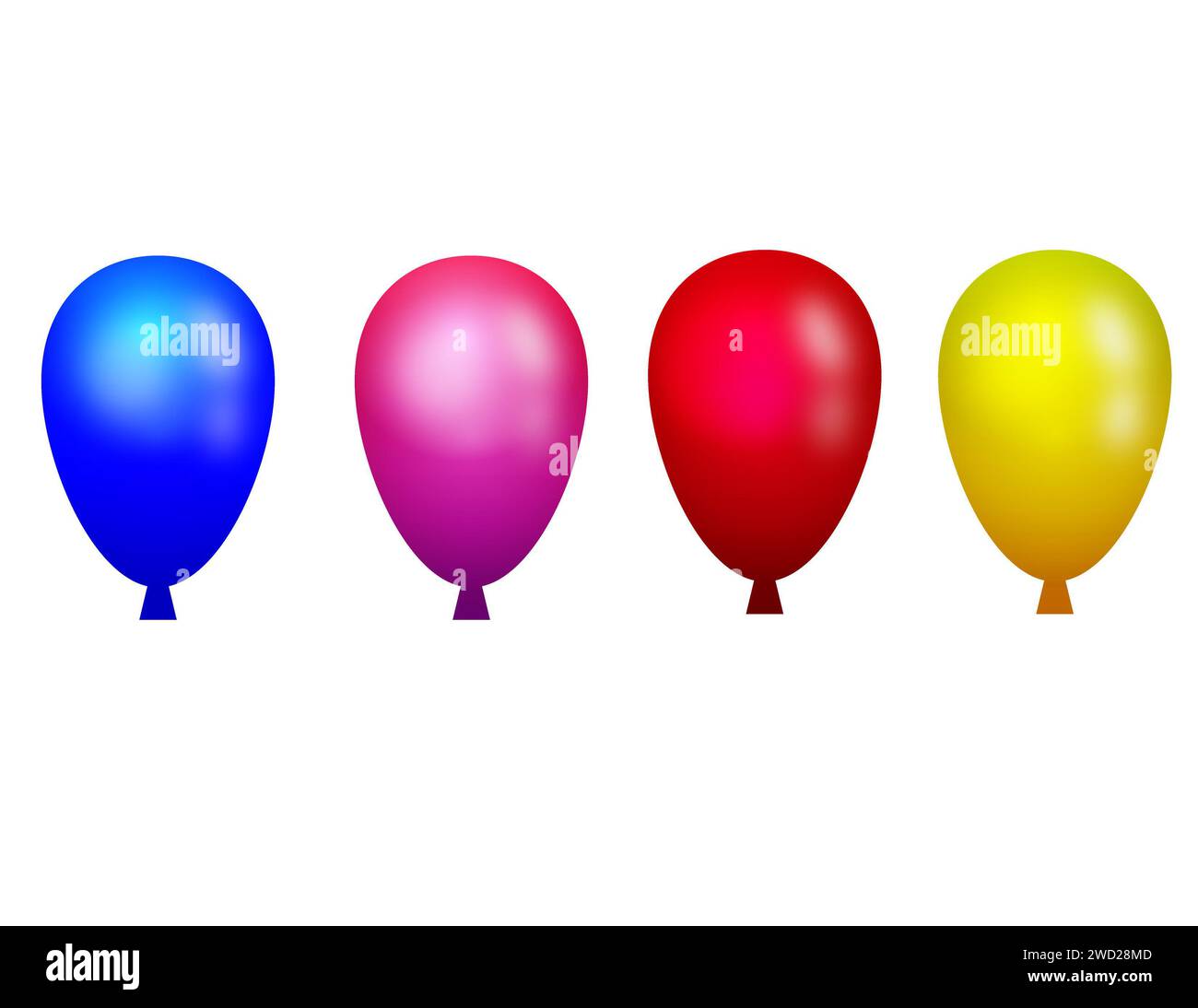 Four balloons in blue, pink, red, and yellow on a white background ...