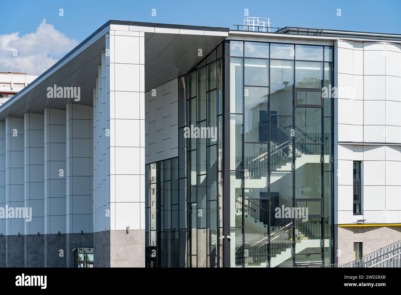 New building facade in housing complex. Modern style in architecture ...
