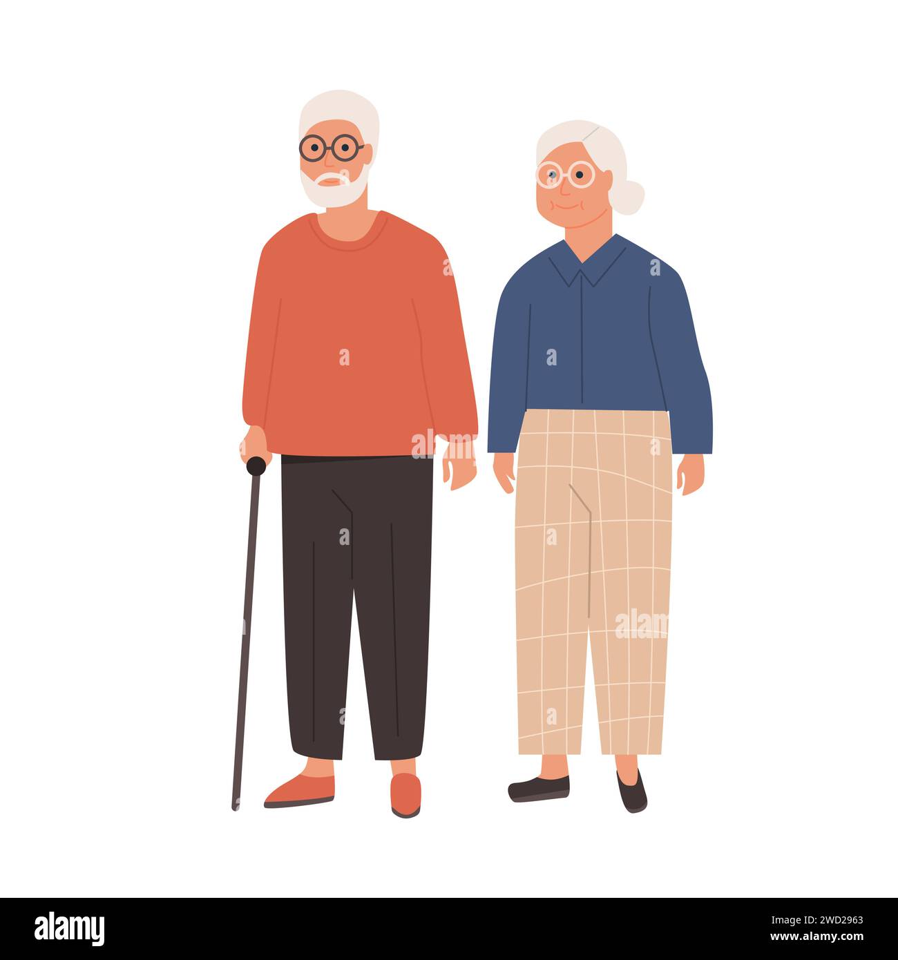 Elderly couple standing together. Grandfather with walking stick and ...