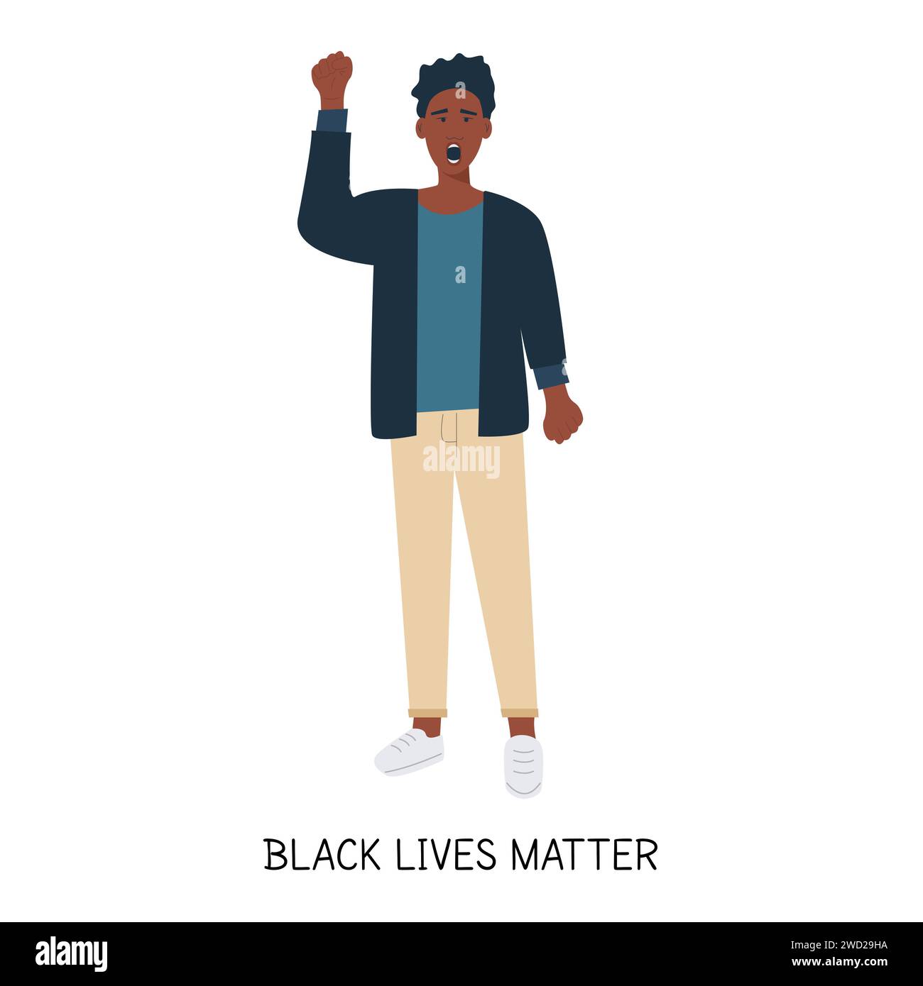 African American protester, hand fist raised up into air. Black man ...