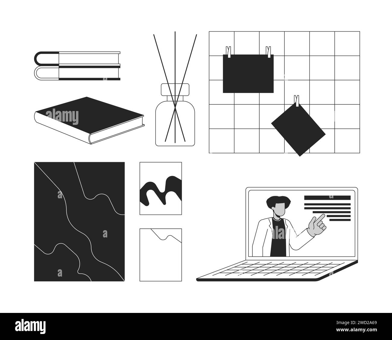 Cozy studying stationery black and white 2D line cartoon objects set ...