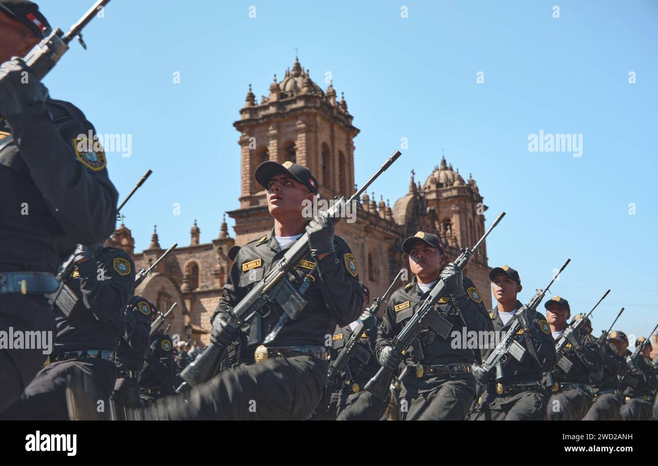 Cusco, Peru. June 25, 2023. Peruvian soldiers armed with assault rifles ...