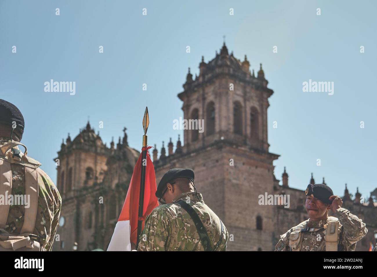 Cusco, Peru. June 25, 2023. Peruvian soldiers armed with assault rifles ...
