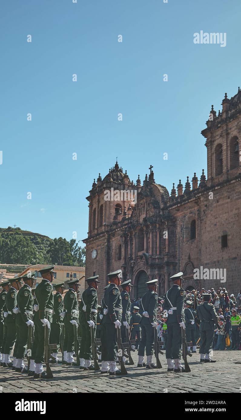 Cusco, Peru. June 25, 2023. Peruvian soldiers armed with assault rifles ...