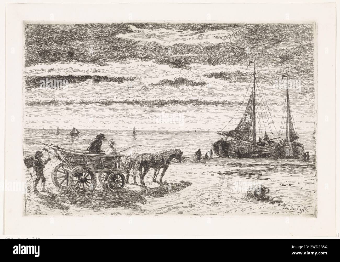 Beach face with moored pinks, Jan Vrolijk, 1860 - 1885 print Two men ...
